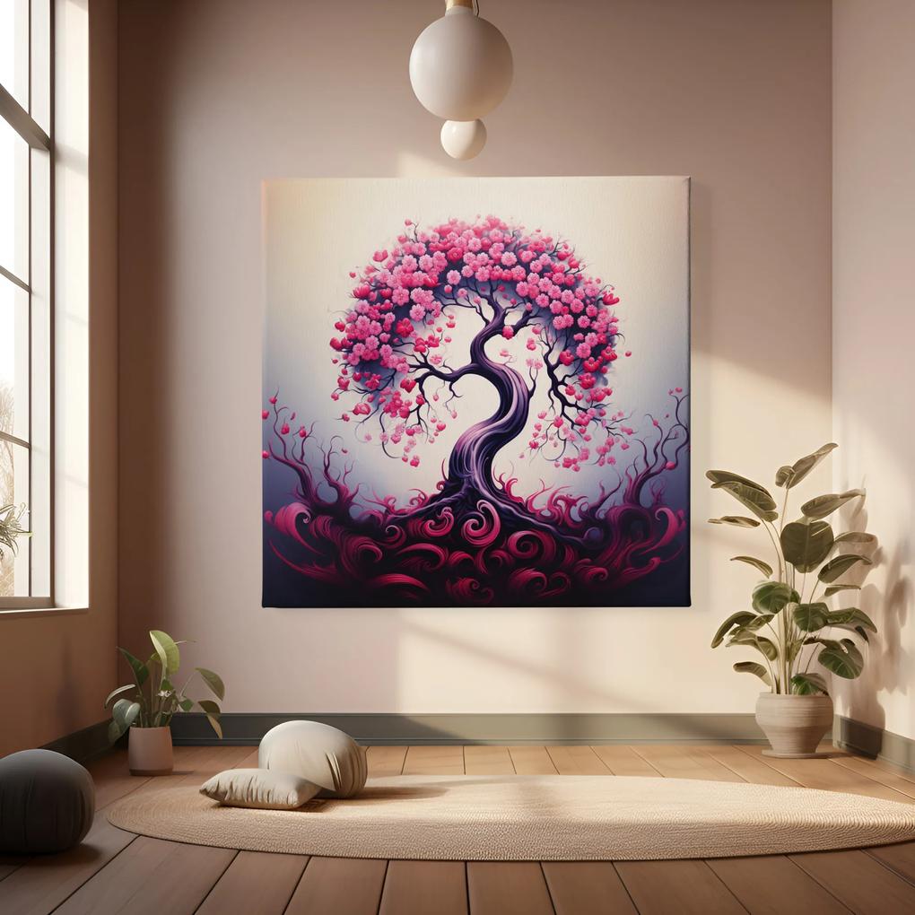 Obraz na plátně - Strom života s růžovými kvítky FeelHappy.cz Velikost obrazu: 140 x 140 cm