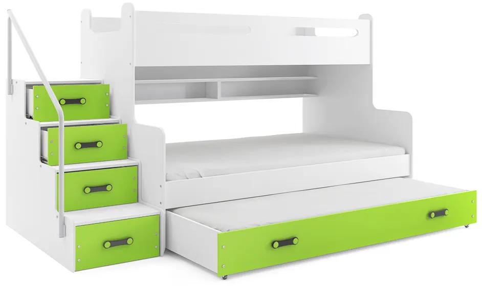 Patrová postel Max III -trojlůžko 80x200 cm + 120x200 cm, Bílá, Zelená