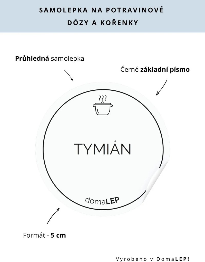 Samolepka na kořenky TYMIÁN průhledná 5 cm základní písmo
