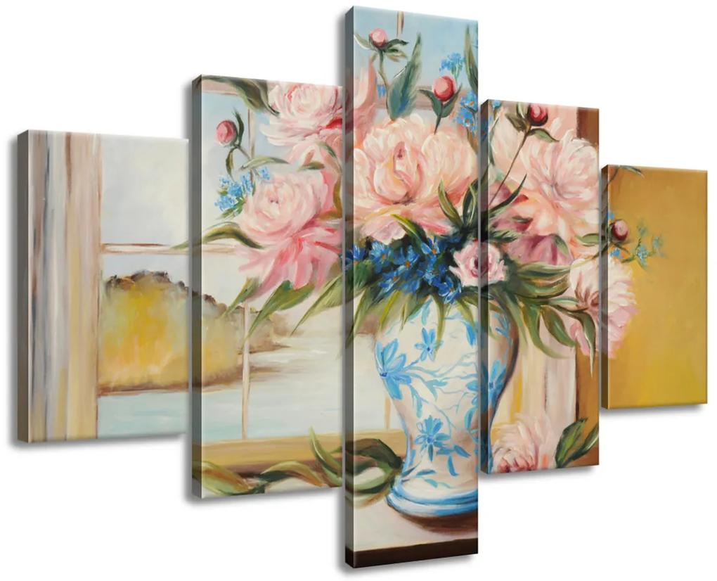 Gario Ručně malovaný obraz Barevné květiny ve váze - 5 dílný Rozměry: 100 x 70 cm