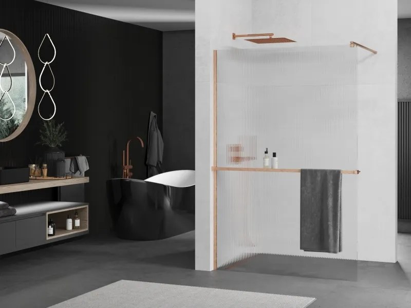 Mexen Kioto+, sprchová zástěna Walk-In s poličkou a věšákem 100 x 200 cm, 8mm sklo s žebrovým vzorem, měděný matný profil, 800-100-121-65-09