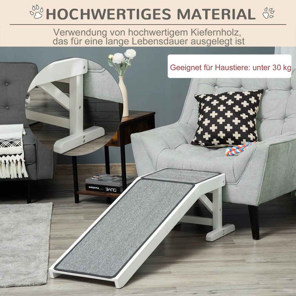 PawHut Rampa pro psy s protiskluzovým kobercem Žebřík pro psy Rampa pro psy do 30 kg Borovicové dřevo Polyester Bílá+Šedá 125 x 40 x 35,5 cm | Aosom