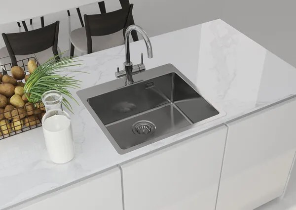 Deante Olfato, nerezový dřez pod desku 1-komorový B/O 550x505x200 3,5" + prostorově úsporný sifon, broušený vzor satyna, ZPO_010B