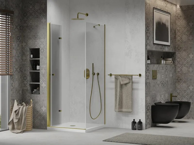Mexen Lima sprchový kout se skládacími dveřmi 100 x 100 cm, 6mm čiré sklo, zlatý profil + sprchová vanička Slim, 856-100-100-50-00-4010