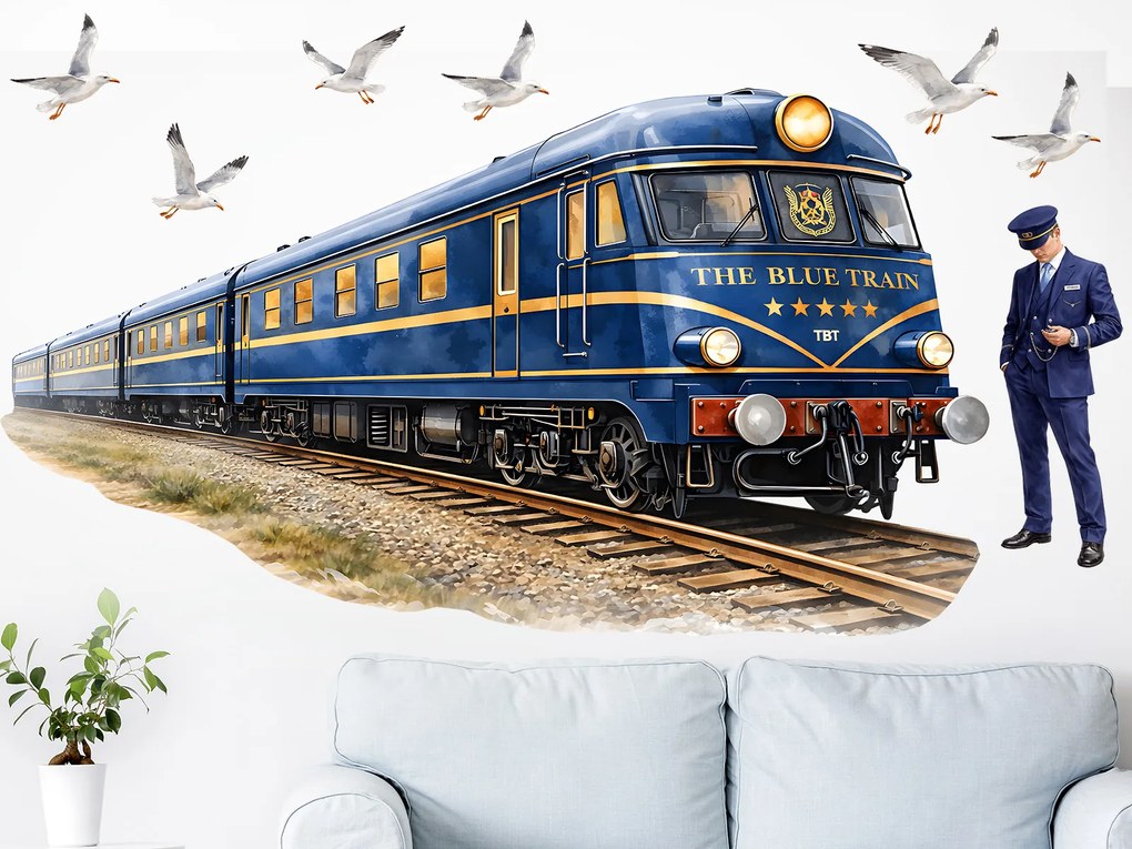Vlak The blue train textilní přelepitelné samolepky na zeď arch 130 x 72 cm