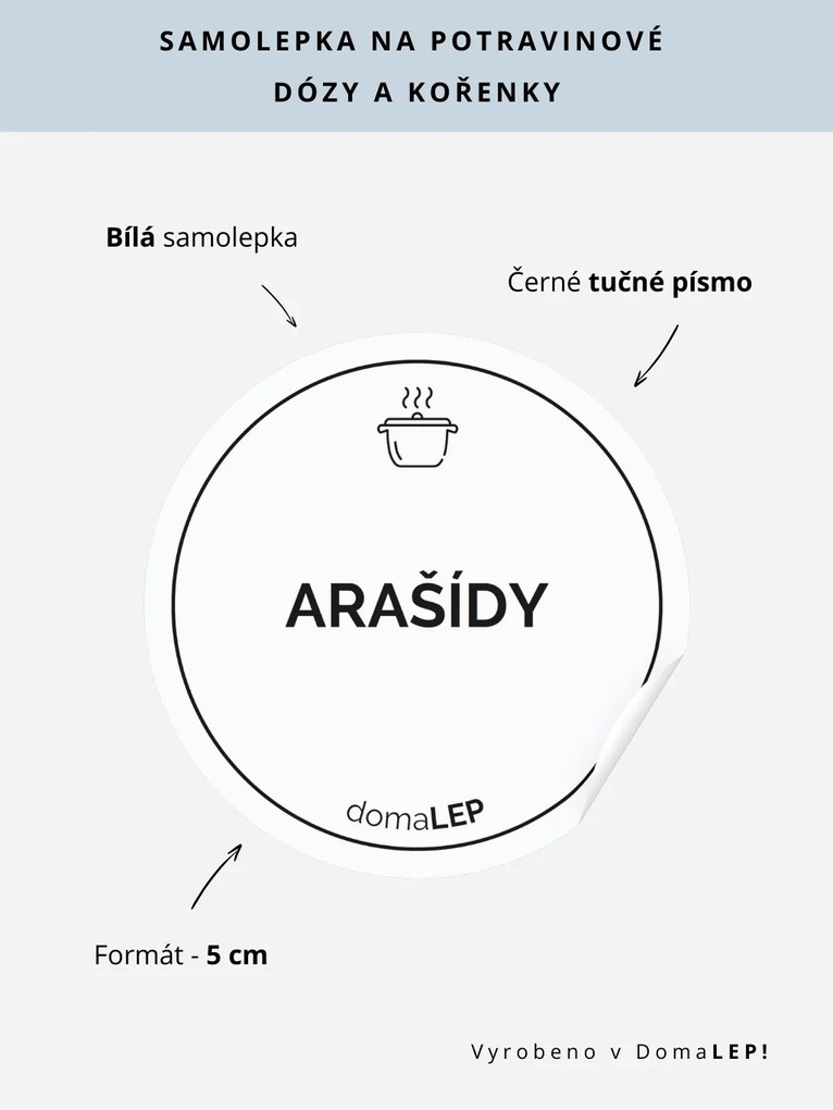 ARAŠÍDY – bílá samolepka na dózu, tučné písmo, 5 cm | DomaLEP