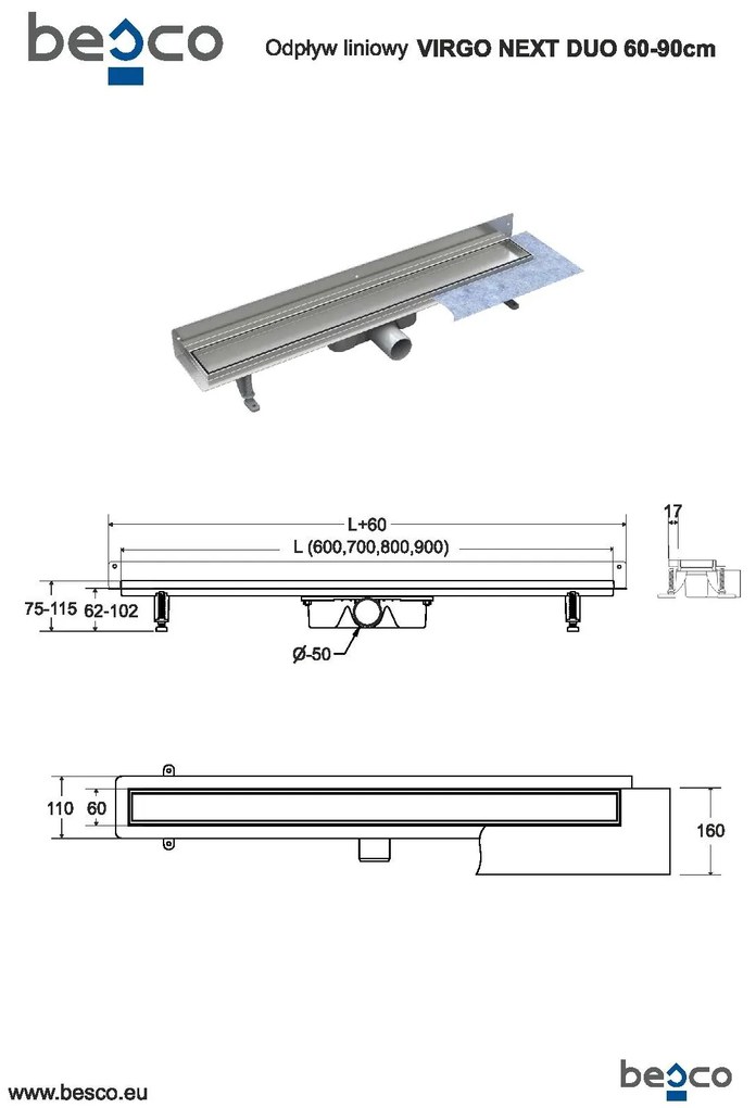 BESCO Odtokový žlab VIRGO NEXT DUO Rozměr A - 80 cm - ZLOL80VND