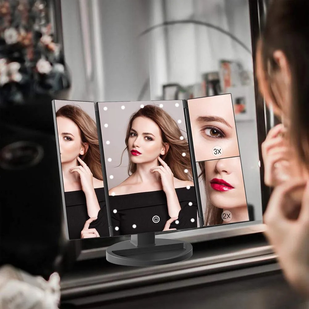 Bezdoteku Třípanelové kosmetické make-up zrcátko s led osvětlením černé zvětšovací