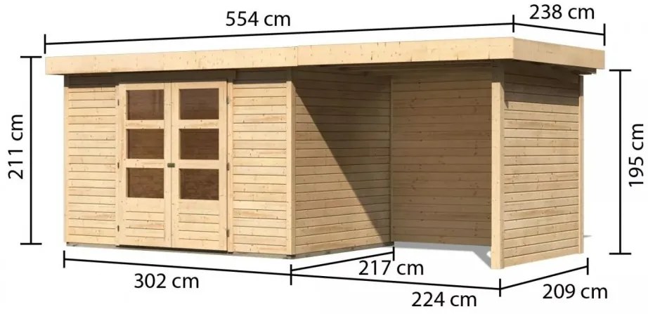 Dřevěný zahradní domek ASKOLA 4 s přístavkem 240 Lanitplast Přírodní dřevo