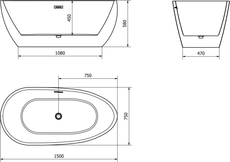 Mexen Eos, volně stojící vana 150 x 75 cm, bílá, broušená ocel přepad, 52471507500-97