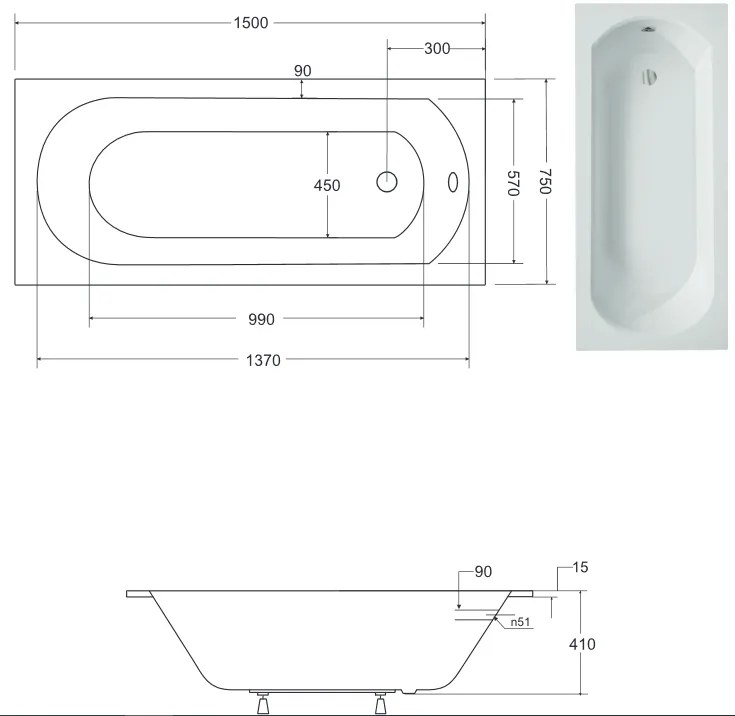 NIKIDO Akrylátová vana INTRICA SLIM 150x75, 160x75, 170x75 Velikost: 160x75