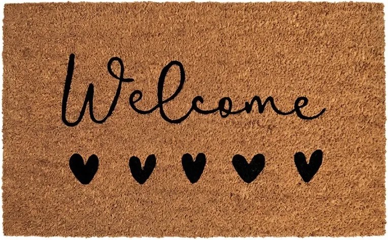 Hnědá kokosová rohožka se srdíčky Welcome - 75*45*1 cm