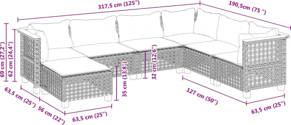 7dílná zahradní sedací souprava s poduškami černá polyratan 3261938