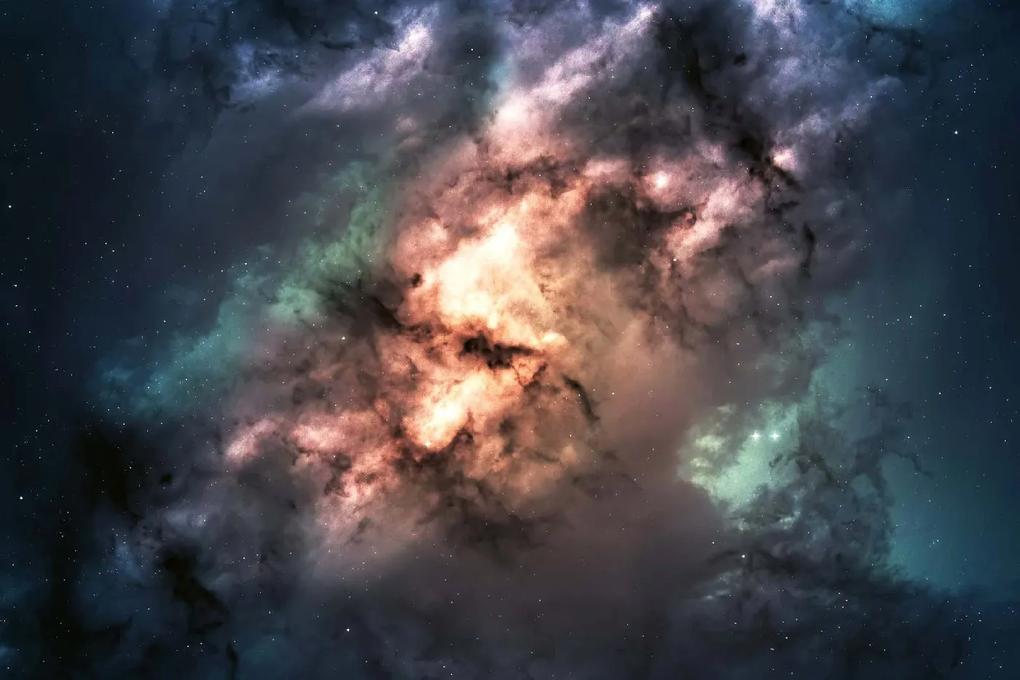 DIMEX | Samolepicí vliesová fototapeta na zeď Temný vesmír MA-5-2322 | 375 x 250 cm | modrá, černá, oranžová, šedá