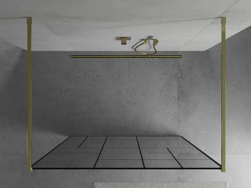 Mexen Kioto, průchozí sprchová zástěna 100 x 200 cm, 8mm sklo čiré/černý vzor, 2x zlatá stabilizační rozpěra, 800-100-002-50-78