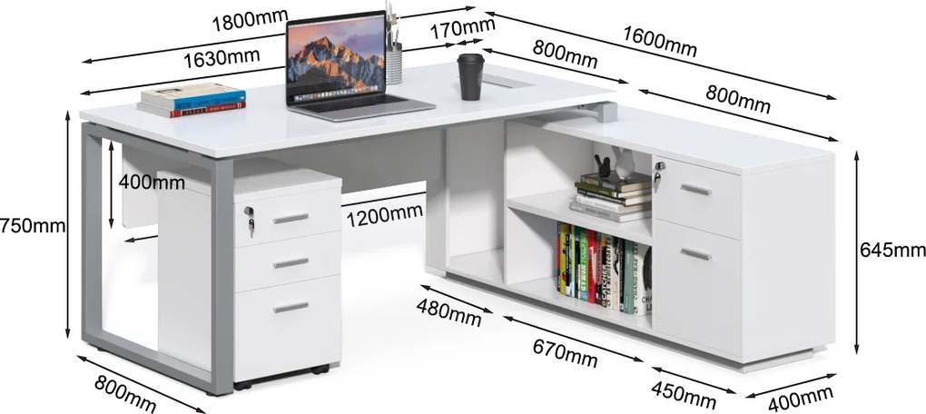 Kancelářský stůl s kontejnerem a komodou Houseland Prime Home 03 180 cm bílý