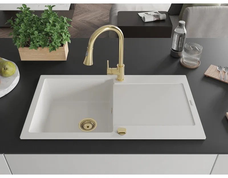 Mexen Leo, 1-komorový granitový dřez 900x500x190 mm a dřezová baterie Elia, bílá, 6501-20-670101-50