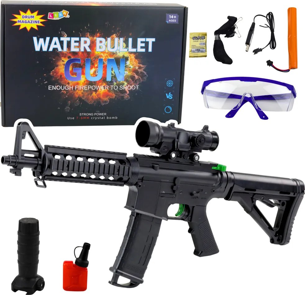 LEAN Toys Útočná puška na vodní kuličky z hydrogelu, zaměřovač, brýle, černá, 86 cm