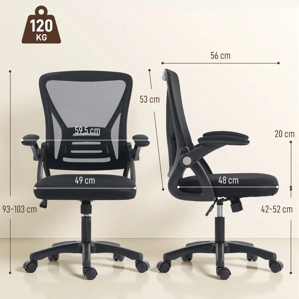 HOMCOM Ergonomická kancelářská židle, výškově nastavitelná židle s výklopnými područkami, bederní opěrka, černá