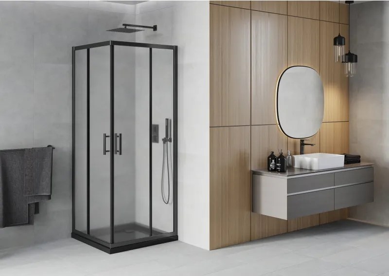 Mexen Rio, čtvercový sprchový kout 80(dveře)x80(dveře)x190 cm, 5mm sklo námraza, černý profil + černá sprchová vanička SLIM, 860-080-080-70-30-4070B
