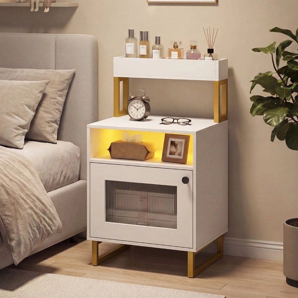 Costway Moderní noční stolek s LED osvětlením a horním tácem, pohovka