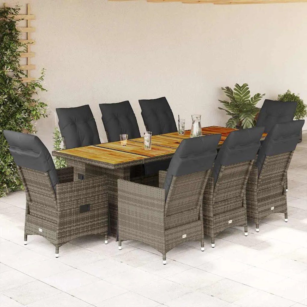 9dílný zahradní bistro set s poduškami šedý polyratan 3277259