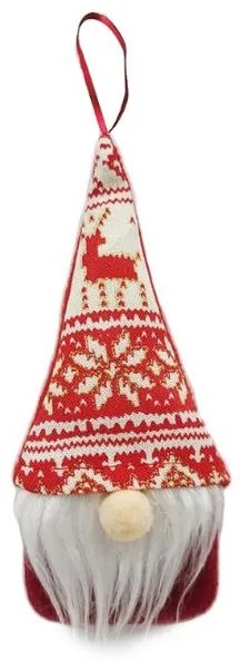 Vánoční skřítek s červeným vzorovaným kloboukem závěsný 16cm
