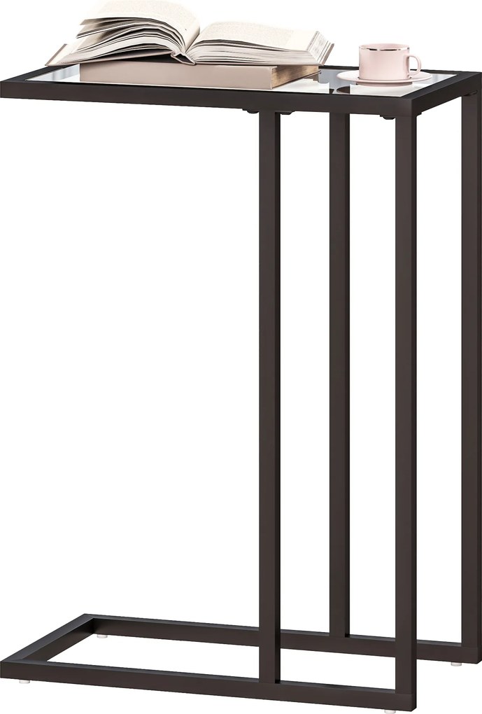 HOMCOM C-štvrcový konferenční stolek se skleněným vrchem, ocelový rám, konferenční stolek do obývacího pokoje, ložnice, 46 x 25 x 63,5 cm, Dub