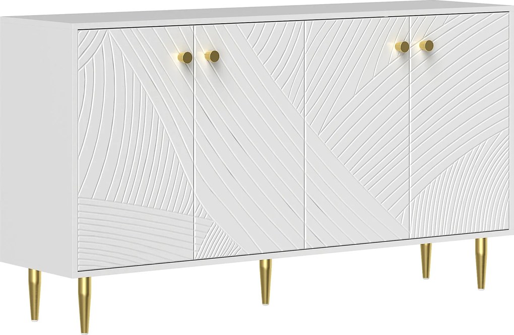 HOMCOM Bílý Buffé Kabinet s Nastavitelnými Policemi, Vytvarovanými Dveřmi, Moderní Buffé do Obývacího Pokoje, Kuchyně, Jídelny, 140 x 35 x 77,5 cm | A