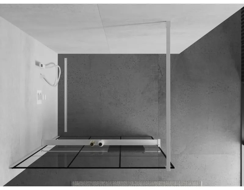 Mexen Kioto+, sprchová zástěna Walk-In s poličkou a věšákem 100 x 200 cm, 8mm čiré sklo černý vzor, bílý profil, 800-100-121-20-77