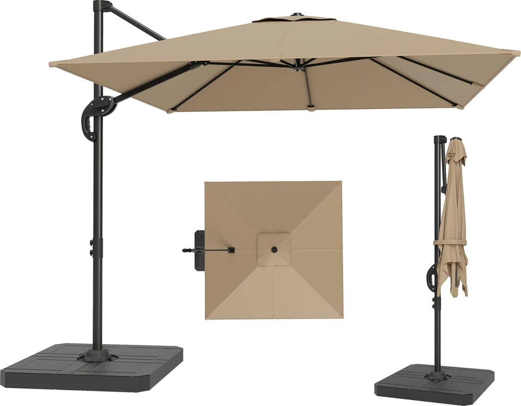 Outsunny závěsný čtvercový slunečník 2,4 × 2,4 m s podstavcem a závažími — hliníkový stožár 360° otočení s pedálem, UPF50+, 5 poloh náklonu, khaki | A