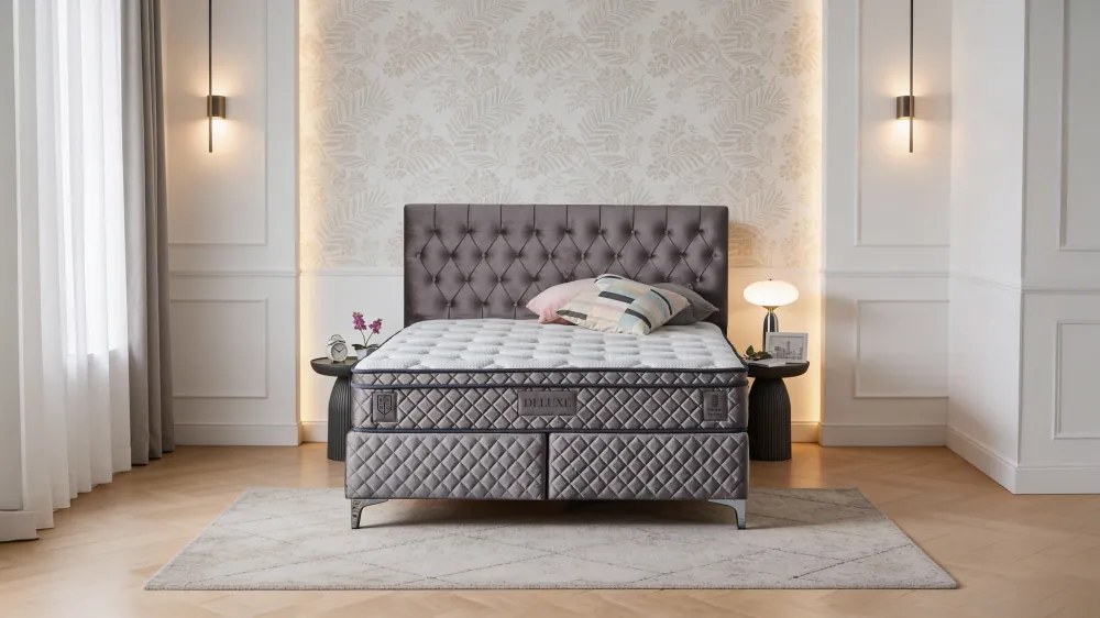 Čalouněná postel DELUXE s matrací - šedá 90 × 200 cm