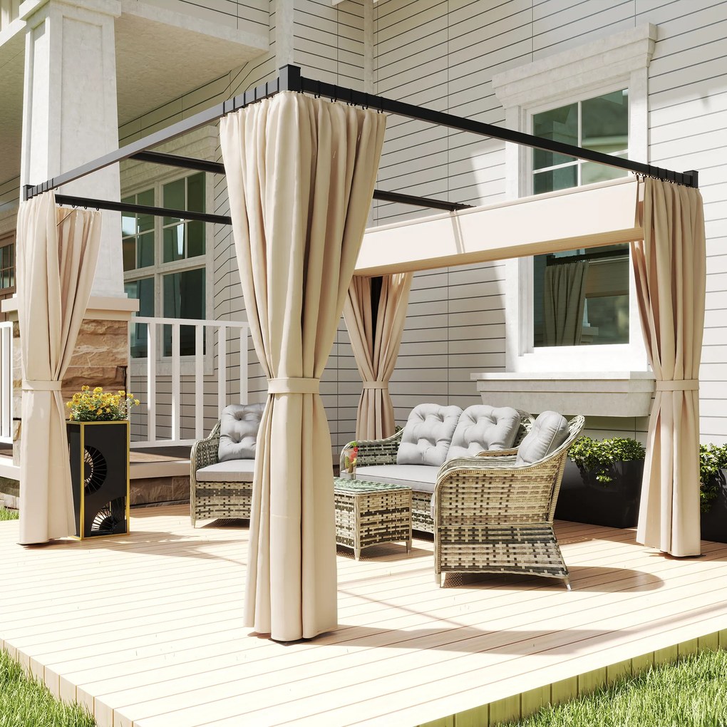 Outsunny pergola 3 x 3 m, volně stojící zastřešení terasy s posuvnou střechou, 4 boční stěny, odolné proti UV, béžové