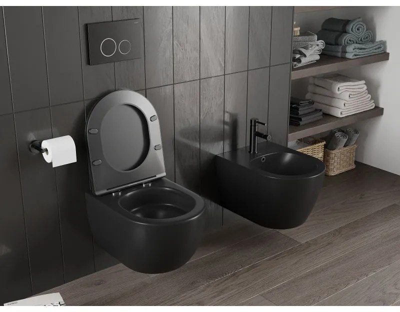 Mexen Carmen, závěsná WC mísa 490x365x340 mm, Rimless Tornádo + WC sedátko z duroplastu, černá matná, 30881085T