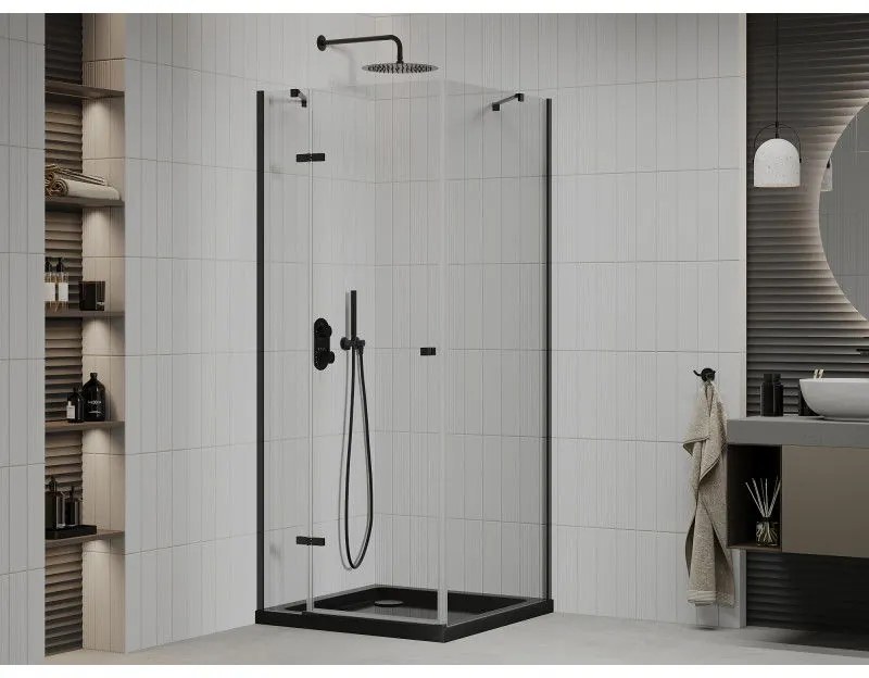 Mexen Roma, sprchový kout s 1-křídlými dveřmi 90 (dveře) x 90 (stěna) cm, 6mm čiré sklo, černý profil, slim sprchová vanička 5cm černá s černým sifonem, 854-090-090-70-00-4070B