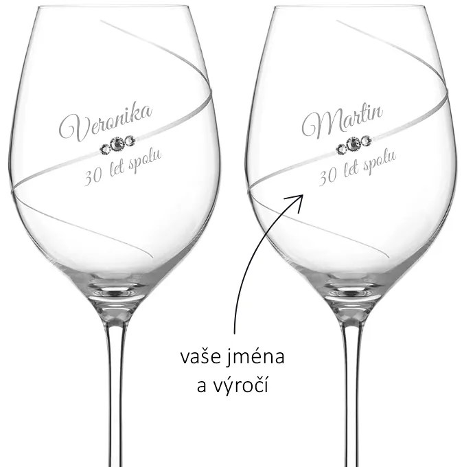 Dekorant Sklenice na červené víno k výročí svatby s kamínky Swarovski 470 ml 2KS VARIANTA 1