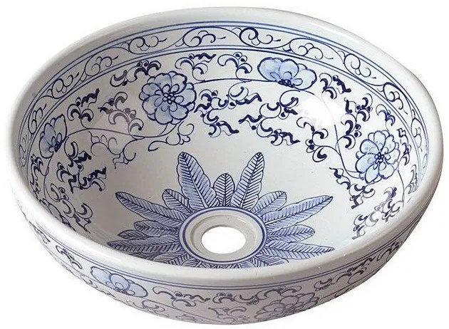 Sapho PRIORI keramické umyvadlo na desku, Ø 41 cm, bílá s modrým vzorem - PI012