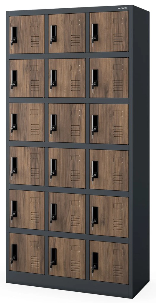 Skříňka pro zaměstnance s 18 uzamykatelnými boxy, bílá antracit/ořech, 900x1850x400 mm: KAROL Eco Design