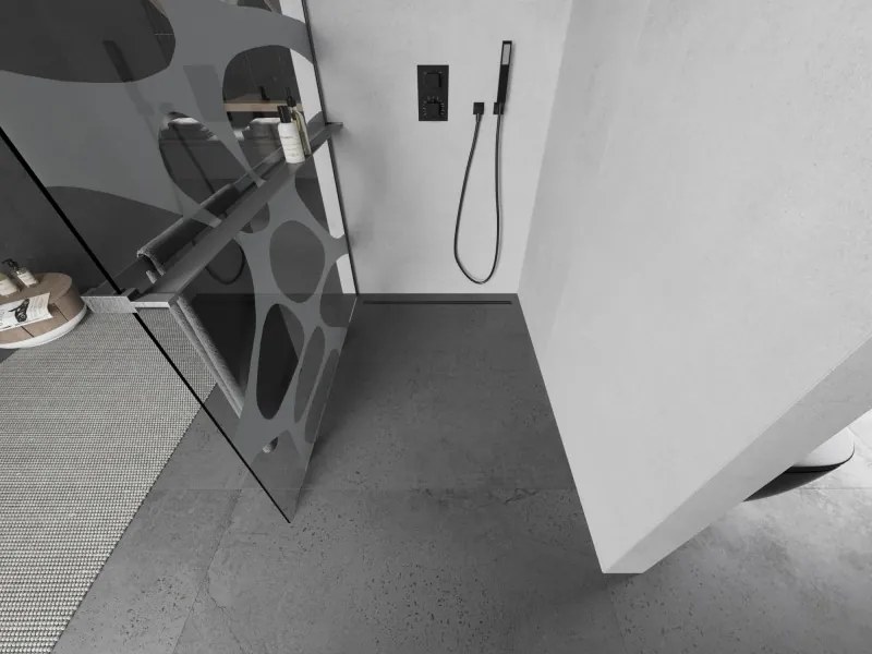 Mexen Kioto+ L, sprchová zástěna Walk-In s poličkou a věšákem 100 x 200 cm, 8mm čiré sklo bílý vzor, grafitový profil, 800-100-123-66-97