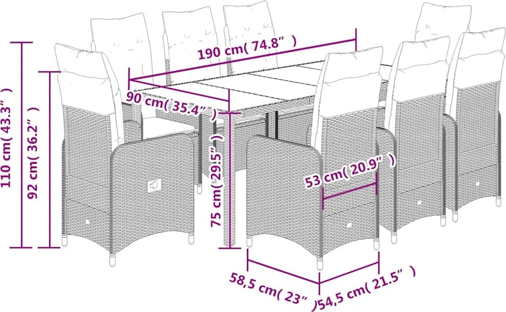 9dílný zahradní bistro set s poduškami šedý polyratan 3277038