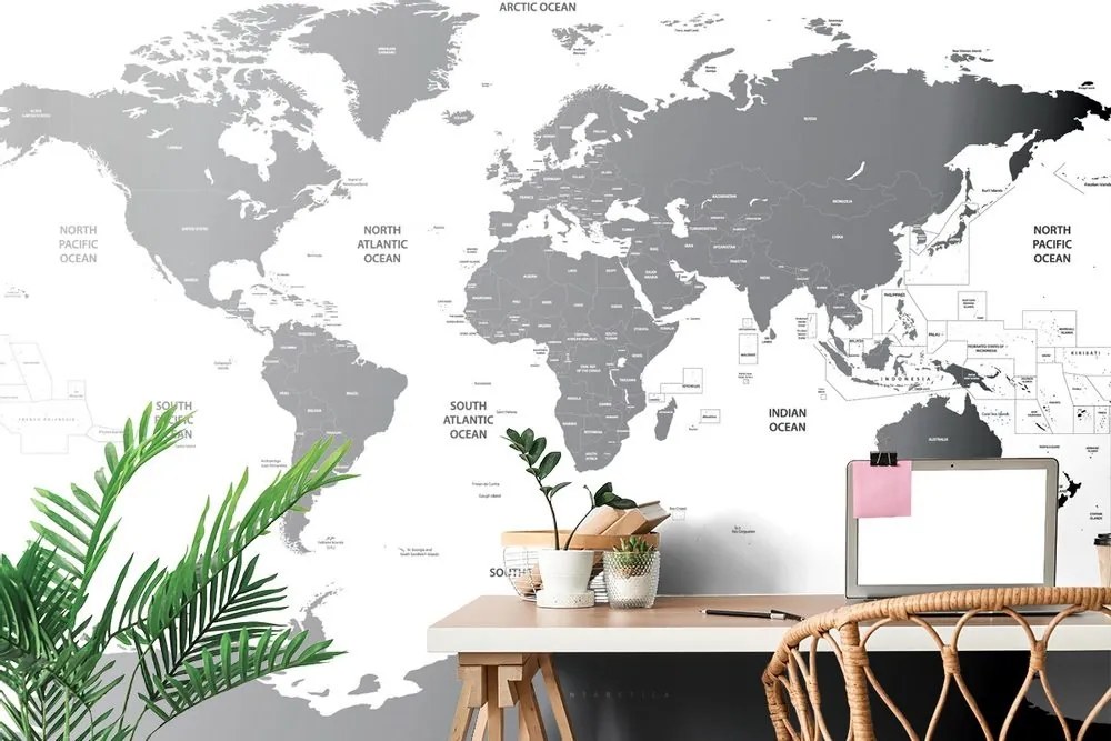 Samolepící tapeta mapa světa s jednotlivými státy v šedé barvě - 300x200 cm