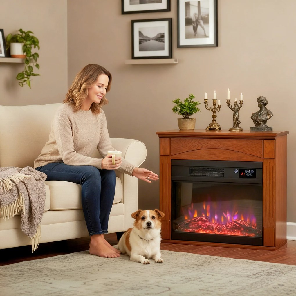 HOMCOM elektrický krb 1000W/2000W, dekorativní krb s 3D plamenovým efektem ve 6 barvách a 3 úrovních jasu, 68,5 x 27,5 x 63 cm, hnědá