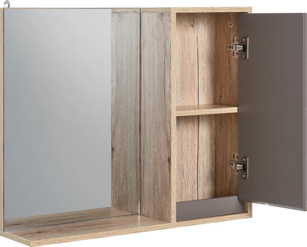 HOMCOM Koupelnová skříňka se zrcadlem, nástěnný pomocný nábytek s 1 dveřmi a nastavitelnou policí, moderní styl 57x14,2x49,2 cm, dubová a šedá