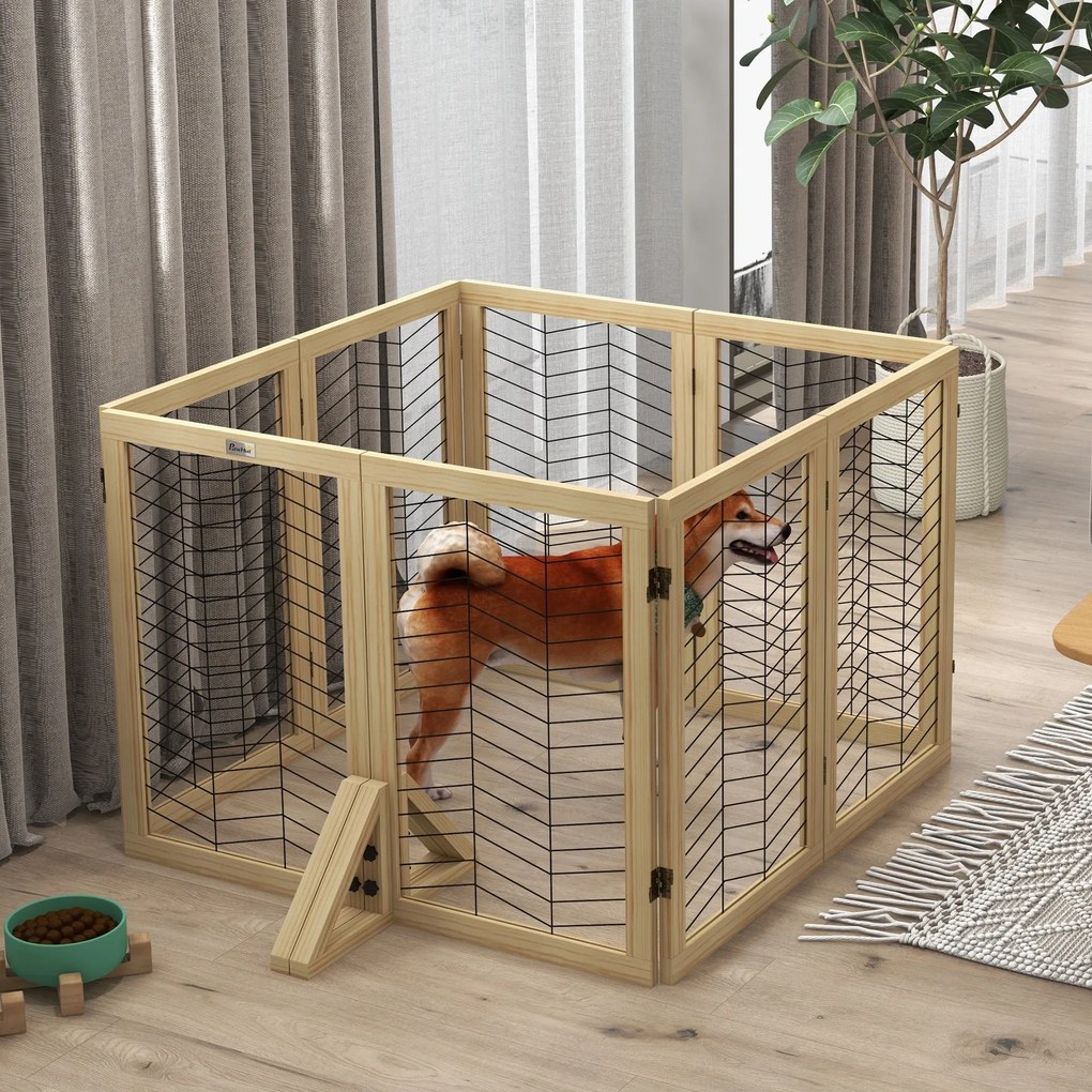 PawHut Dřevěná brána pro psy, ochrana dveří, skládací brána pro psy s 8 panely, plot pro psy, schodová brána, ochranná brána k krbu, přírodní, 375 x …