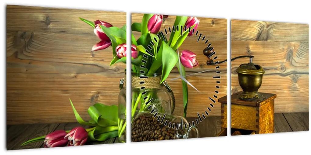Obraz - tulipány, mlýnek a káva (s hodinami) (90x30 cm)