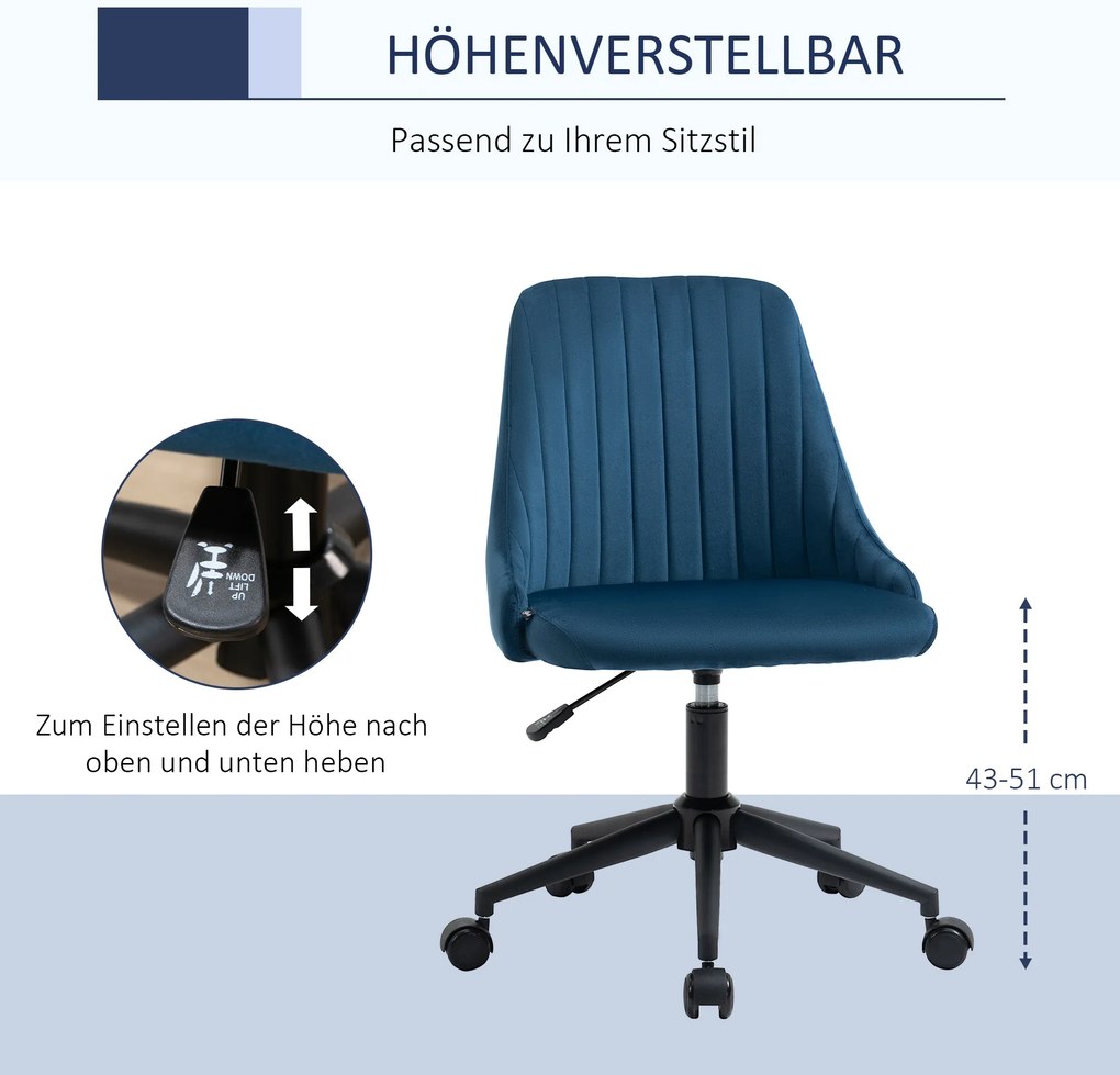 Vinsetto Otočná kancelářská židle Ergonomický design s nastavitelnou výškou 360° otočná pěnová sametová polyesterová modrá 50 x 58 x 77-87 cm