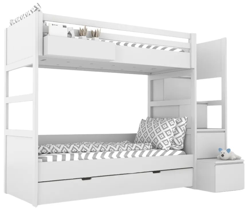 BAMI Bílá dětská patrová postel SIMONE s úložnými schody a policí 90x200 cm Zvolte šuplík: Bez šuplíku, Zvolte stranu: Vpravo