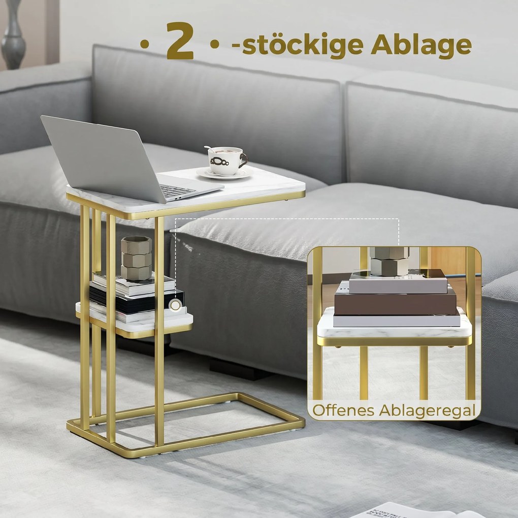 HOMCOM Odkládací stolek, úzký C-tvarovaný konferenční stolek s úložným prostorem, moderní noční stolek pro malé místnosti, 50 x 30 x 57,5 cm
