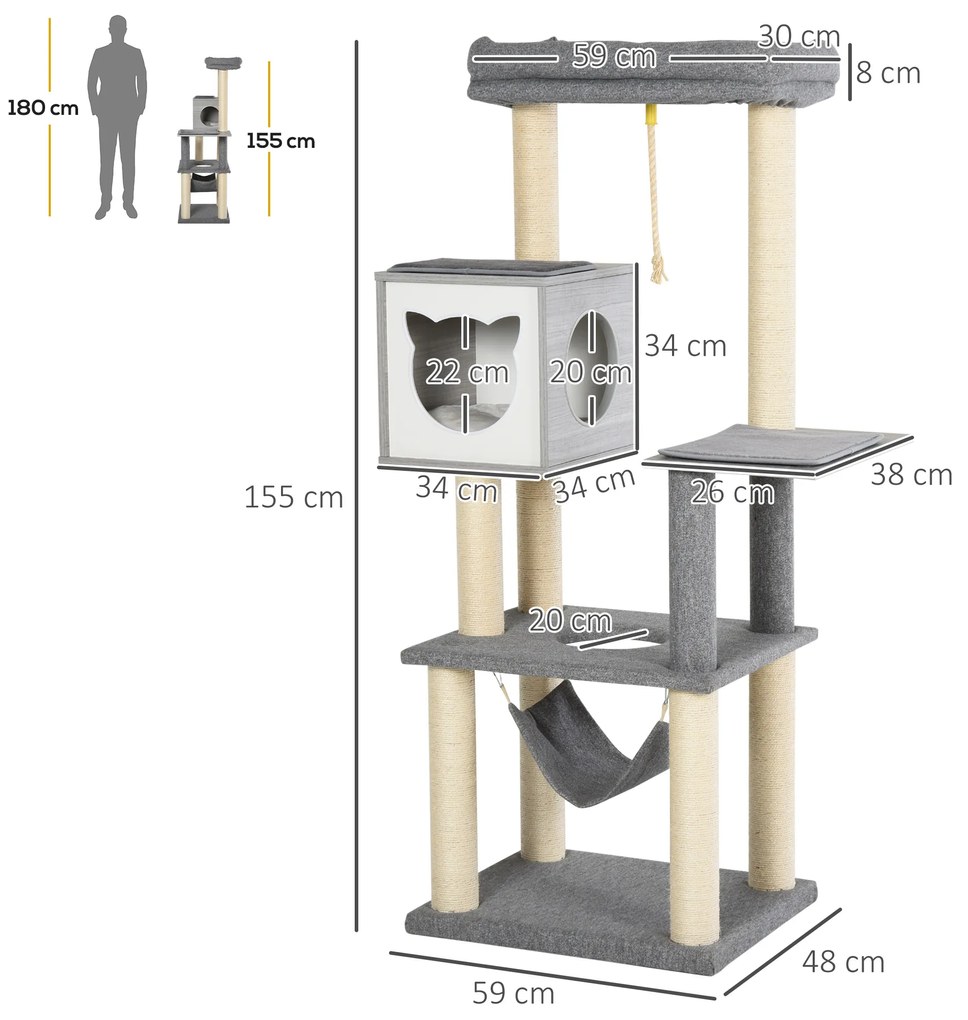 Víceúrovňové škrabadlo PawHut XXL 155H cm s houpací sítí a měkkým polštářem, stabilní v šedé a bílé barvě pro kočky | Aosom.de