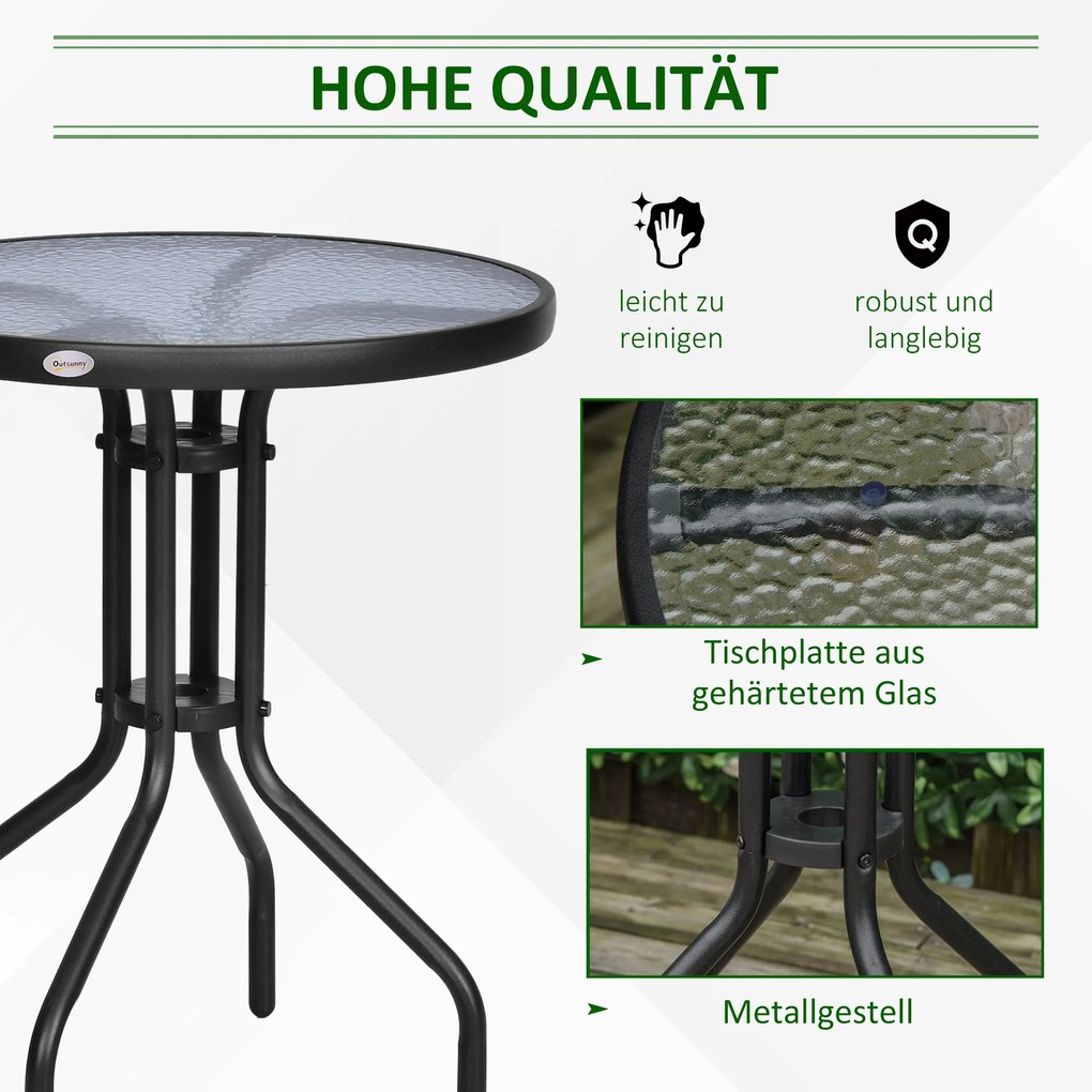 Zahradní stůl Outsunny kulatý balkonový stůl Ø60xH70cm z kovu s bezpečnostním sklem, ideální pro zahradu a balkon